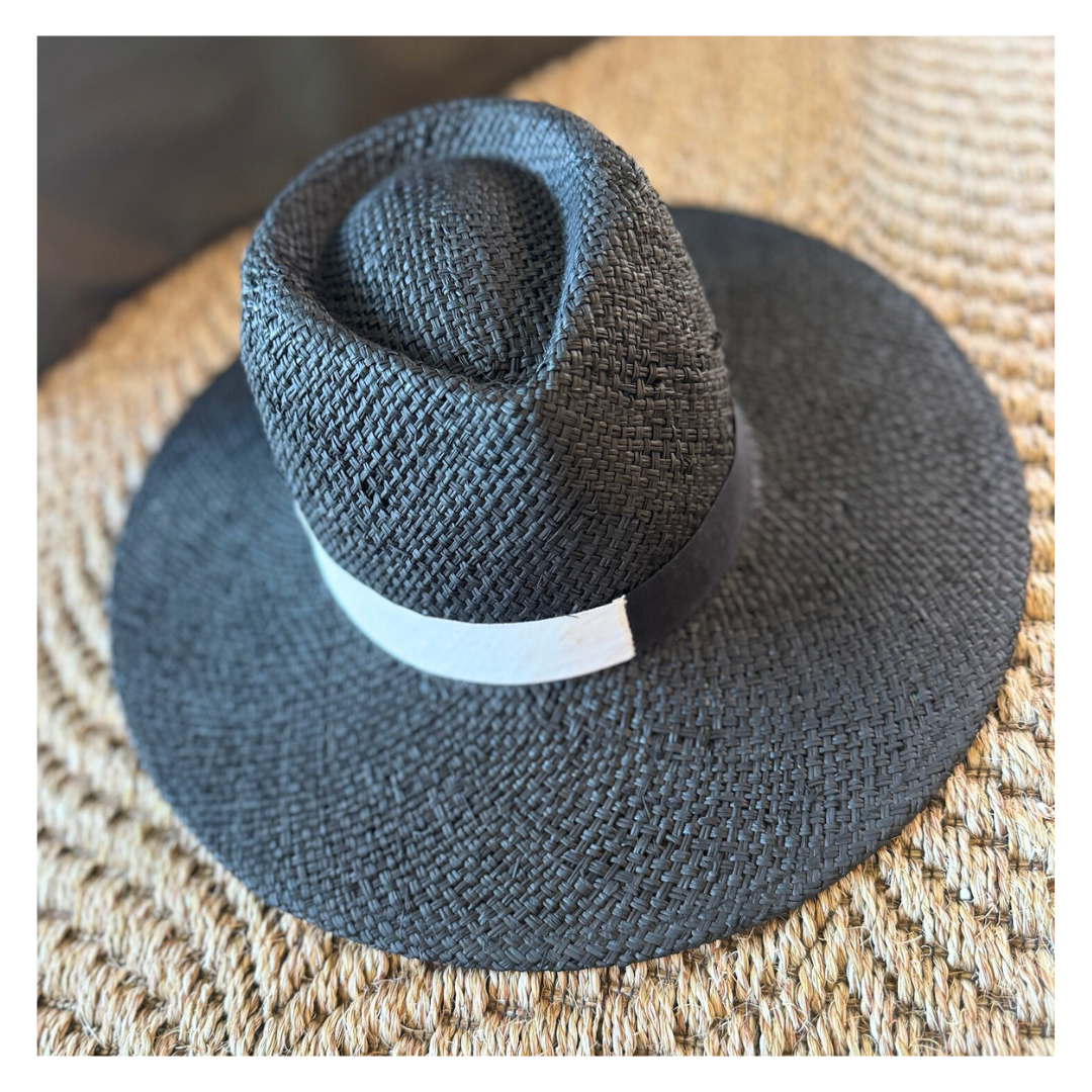Black Straw Hat with Black + White Band | SHOP BIJOU